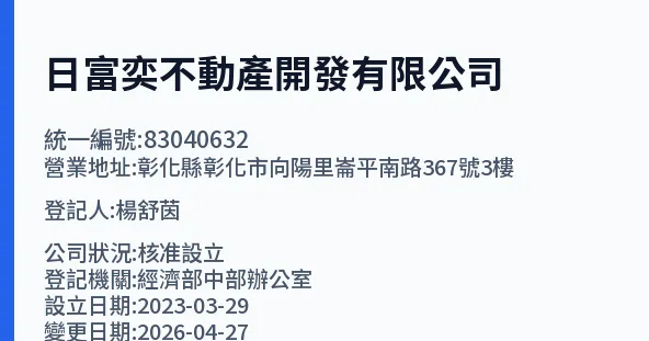 日富奕不動產開發有限公司的照片-統編 83040632(彰化縣) 公司登記資料與營業項目詳細圖表