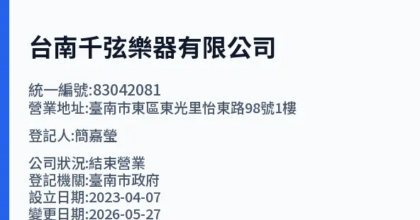 台南千弦樂器有限公司的照片-統編 83042081(臺南市) 公司登記資料與營業項目詳細圖表