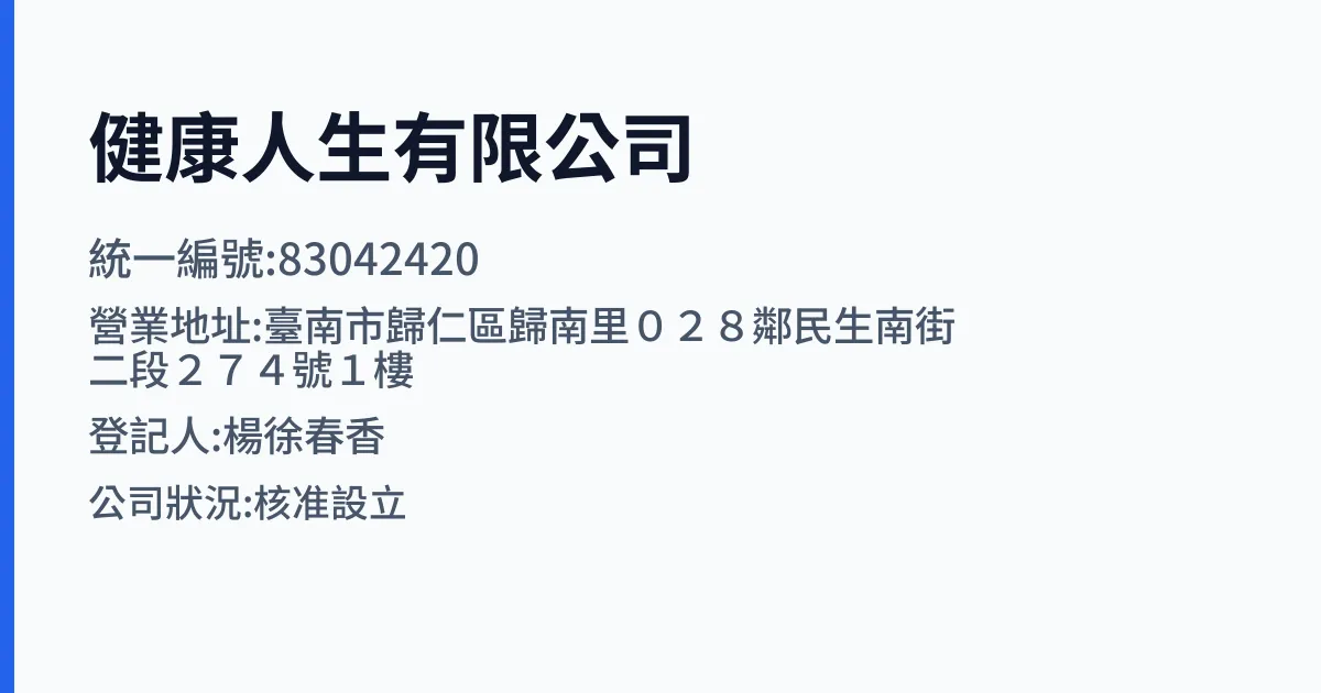 健康人生有限公司 - 統編 83042420(臺南市) 公司登記資料與營業項目詳細圖表