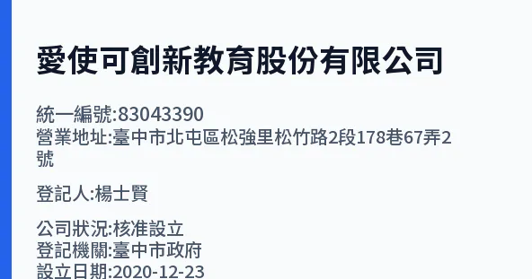 愛使可創新教育股份有限公司的照片-統編 83043390(臺中市) 公司登記資料與營業項目詳細圖表