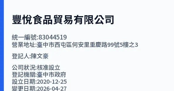 豐悅食品貿易有限公司的照片-統編 83044519(臺中市) 公司登記資料與營業項目詳細圖表