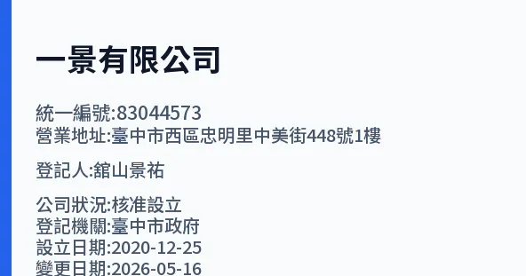 一景有限公司的照片-統編 83044573(臺中市) 公司登記資料與營業項目詳細圖表
