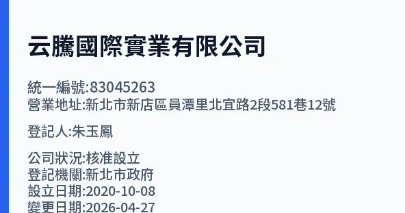 云騰國際實業有限公司的照片-統編 83045263(新北市) 公司登記資料與營業項目詳細圖表