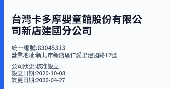 台灣卡多摩嬰童館股份有限公司新店建國分公司的照片-統編 83045313(新北市) 公司登記資料與營業項目詳細圖表