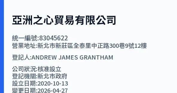 亞洲之心貿易有限公司的照片-統編 83045622(新北市) 公司登記資料與營業項目詳細圖表
