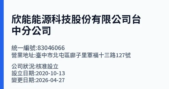 欣能能源科技股份有限公司台中分公司的照片-統編 83046066(臺中市) 公司登記資料與營業項目詳細圖表