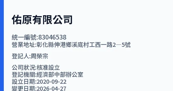 佑原有限公司的照片-統編 83046538(彰化縣) 公司登記資料與營業項目詳細圖表