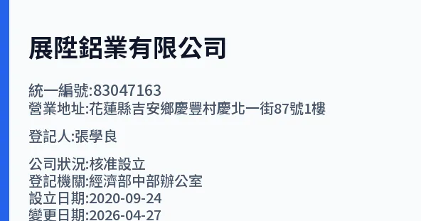 展陞鋁業有限公司的照片-統編 83047163(花蓮縣) 公司登記資料與營業項目詳細圖表