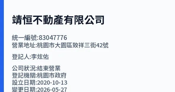 靖恒不動產有限公司的照片-統編 83047776(桃園市) 公司登記資料與營業項目詳細圖表
