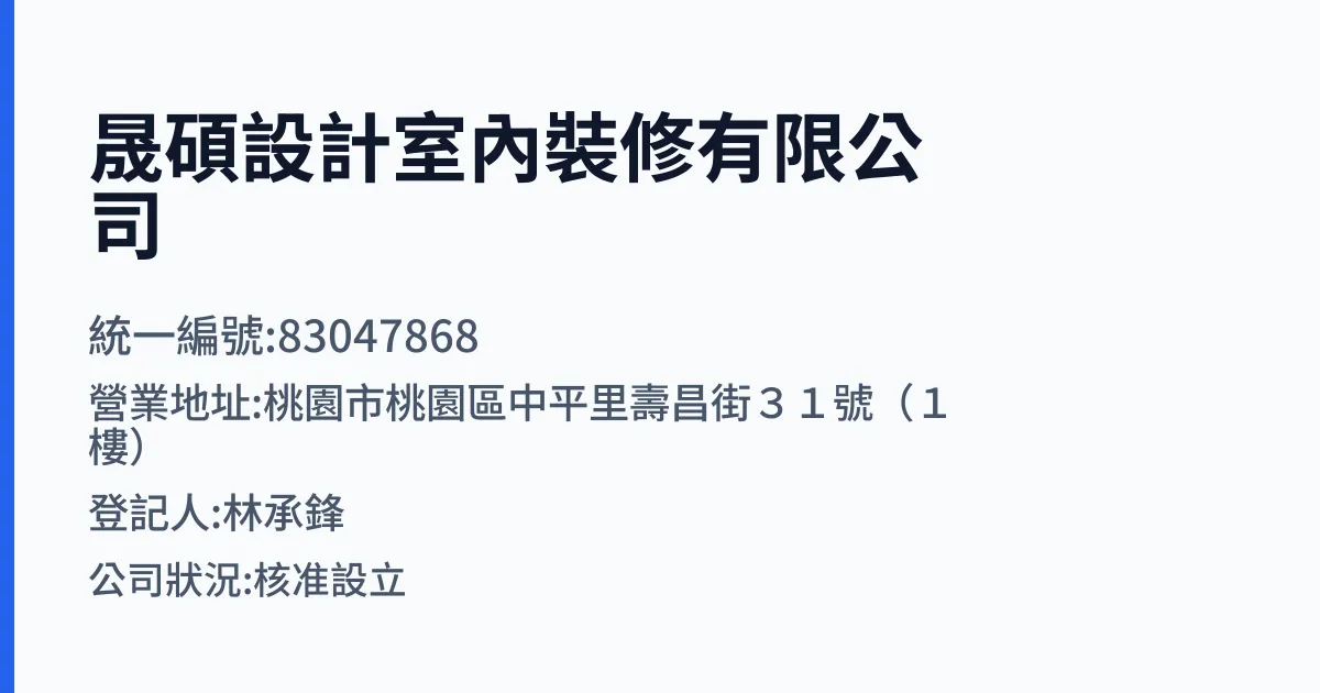 晟碩設計室內裝修有限公司 - 統編 83047868(桃園市) 公司登記資料與營業項目詳細圖表