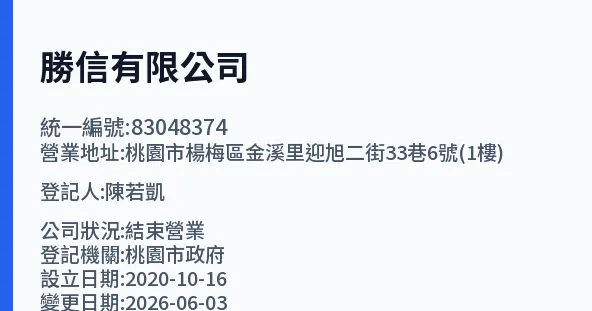 勝信有限公司的照片-統編 83048374(桃園市) 公司登記資料與營業項目詳細圖表