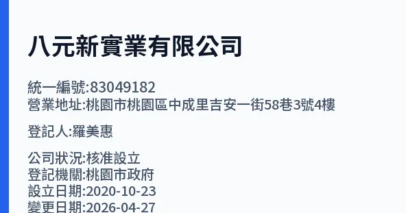 八元新實業有限公司的照片-統編 83049182(桃園市) 公司登記資料與營業項目詳細圖表