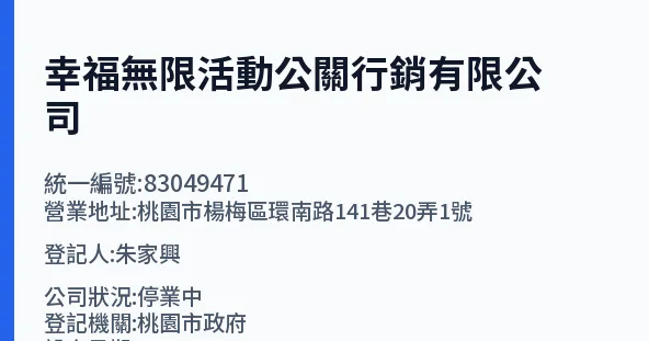 幸福無限活動公關行銷有限公司的照片-統編 83049471(桃園市) 公司登記資料與營業項目詳細圖表