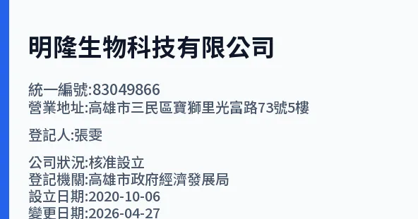 明隆生物科技有限公司的照片-統編 83049866(高雄市) 公司登記資料與營業項目詳細圖表
