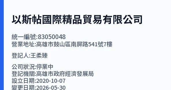 以斯帖國際精品貿易有限公司的照片-統編 83050048(高雄市) 公司登記資料與營業項目詳細圖表