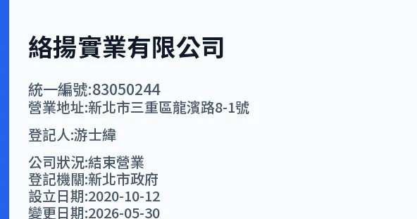 絡揚實業有限公司的照片-統編 83050244(新北市) 公司登記資料與營業項目詳細圖表