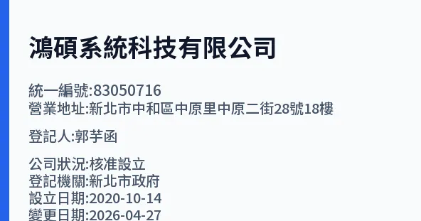 鴻碩系統科技有限公司的照片-統編 83050716(新北市) 公司登記資料與營業項目詳細圖表