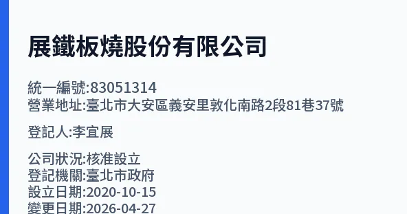 展鐵板燒股份有限公司的照片-統編 83051314(臺北市) 公司登記資料與營業項目詳細圖表