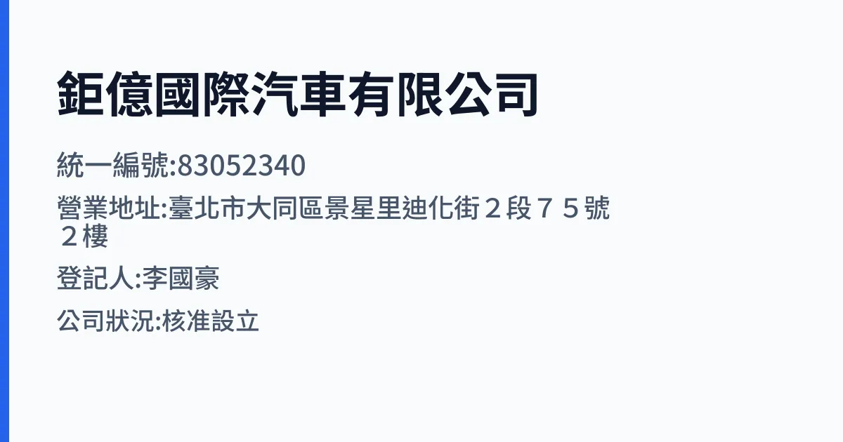 鉅億國際汽車有限公司 - 統編 83052340(臺北市) 公司登記資料與營業項目詳細圖表