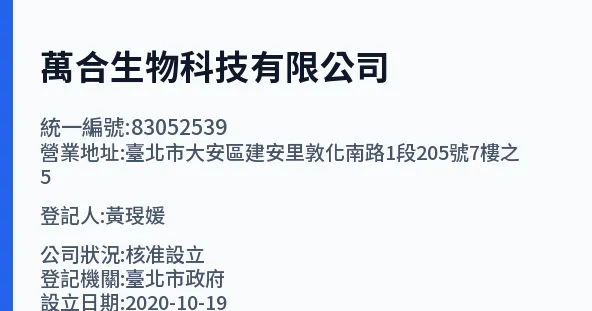萬合生物科技有限公司的照片-統編 83052539(臺北市) 公司登記資料與營業項目詳細圖表