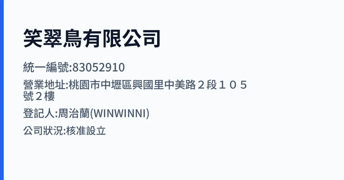 笑翠鳥有限公司 - 統編 83052910(新北市) 公司登記資料與營業項目詳細圖表