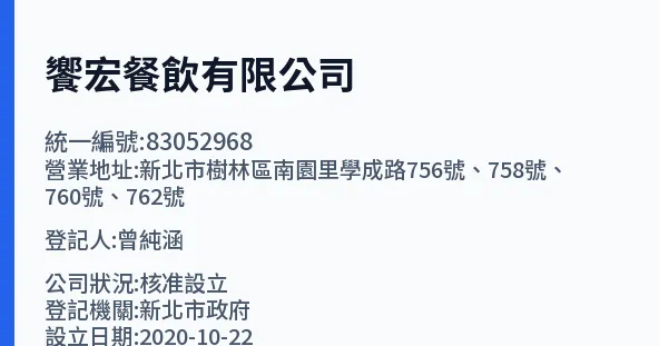 饗宏餐飲有限公司的照片-統編 83052968(新北市) 公司登記資料與營業項目詳細圖表