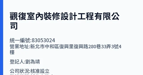觀復室內裝修設計工程有限公司的照片-統編 83053024(新北市) 公司登記資料與營業項目詳細圖表