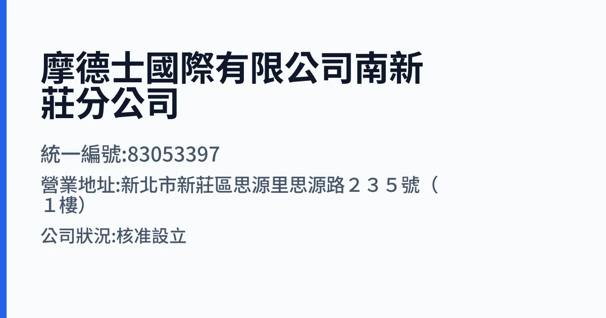 摩德士國際有限公司南新莊分公司 - 統編 83053397(新北市) 公司登記資料與營業項目詳細圖表