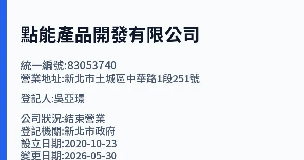 點能產品開發有限公司的照片-統編 83053740(新北市) 公司登記資料與營業項目詳細圖表