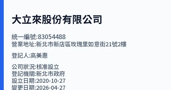 大立來股份有限公司的照片-統編 83054488(新北市) 公司登記資料與營業項目詳細圖表