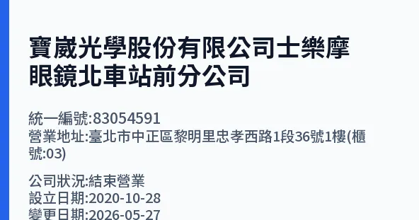 寶崴光學股份有限公司士樂摩眼鏡北車站前分公司的照片-統編 83054591(臺北市) 公司登記資料與營業項目詳細圖表