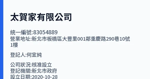 太賀家有限公司的照片-統編 83054889(新北市) 公司登記資料與營業項目詳細圖表
