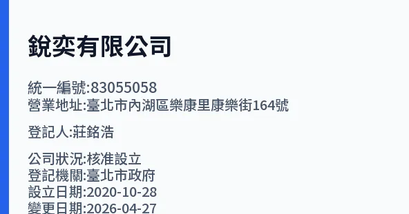 銳奕有限公司的照片-統編 83055058(臺北市) 公司登記資料與營業項目詳細圖表