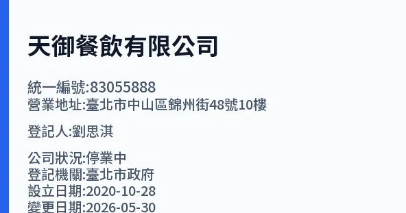 天御餐飲有限公司的照片-統編 83055888(臺北市) 公司登記資料與營業項目詳細圖表