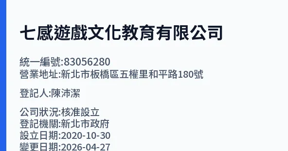 七感遊戲文化教育有限公司的照片-統編 83056280(新北市) 公司登記資料與營業項目詳細圖表