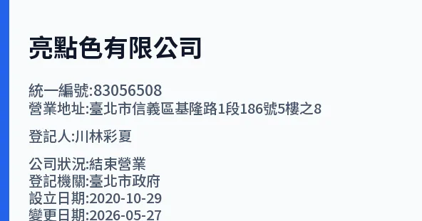 亮點色有限公司的照片-統編 83056508(臺北市) 公司登記資料與營業項目詳細圖表