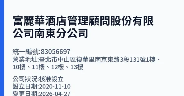 富麗華酒店管理顧問股份有限公司南東分公司的照片-統編 83056697(臺北市) 公司登記資料與營業項目詳細圖表