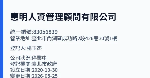 惠明人資管理顧問有限公司的照片-統編 83056839(臺北市) 公司登記資料與營業項目詳細圖表