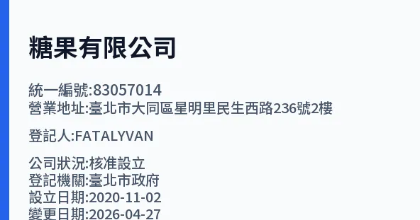 糖果有限公司的照片-統編 83057014(臺北市) 公司登記資料與營業項目詳細圖表