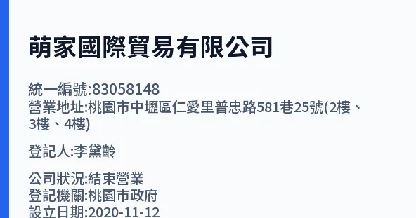 萌家國際貿易有限公司的照片-統編 83058148(桃園市) 公司登記資料與營業項目詳細圖表
