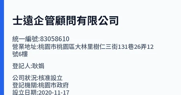 士遠企管顧問有限公司的照片-統編 83058610(桃園市) 公司登記資料與營業項目詳細圖表