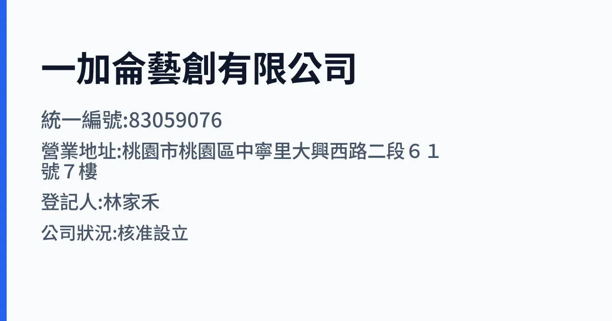 一加侖藝創有限公司 - 統編 83059076(桃園市) 公司登記資料與營業項目詳細圖表