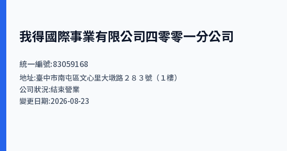 我得國際事業有限公司四零零一分公司的照片-統編 83059168(臺中市) 公司登記資料與營業項目詳細圖表