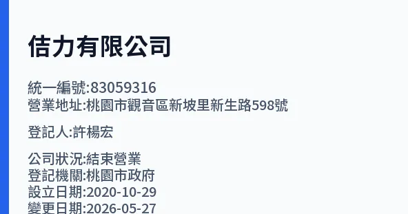 佶力有限公司的照片-統編 83059316(桃園市) 公司登記資料與營業項目詳細圖表