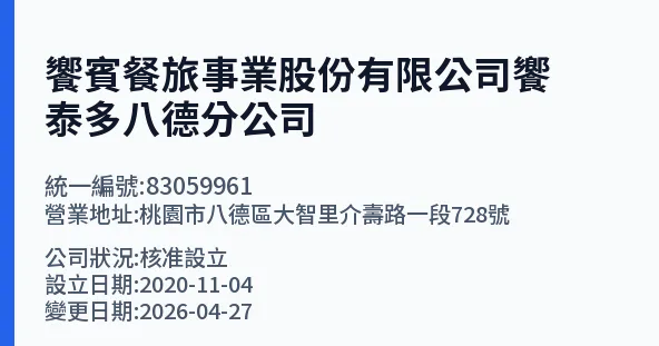 饗賓餐旅事業股份有限公司饗泰多八德分公司的照片-統編 83059961(桃園市) 公司登記資料與營業項目詳細圖表