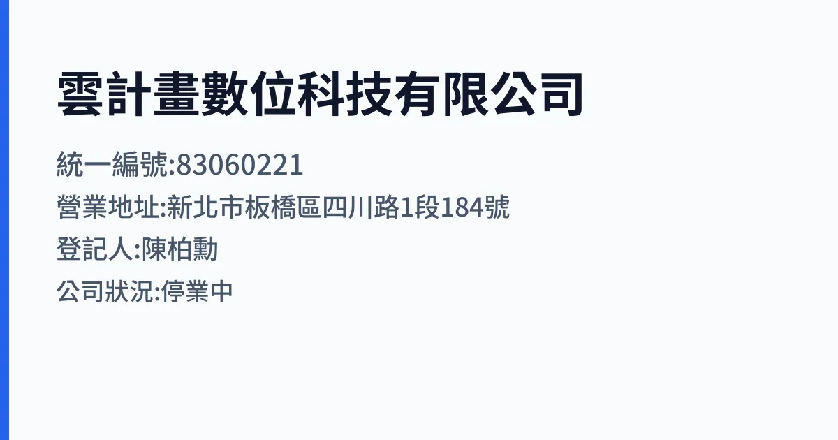 雲計畫數位科技有限公司 - 統編 83060221(新北市) 公司登記資料與營業項目詳細圖表