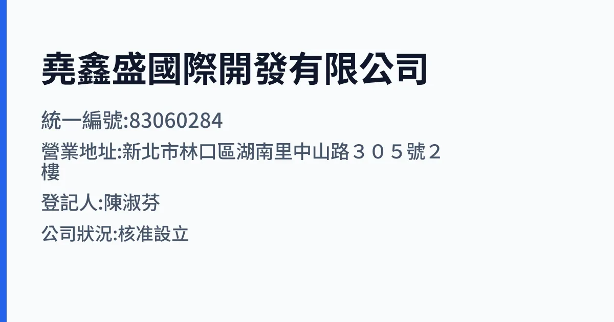 堯鑫盛國際開發有限公司 - 統編 83060284(新北市) 公司登記資料與營業項目詳細圖表