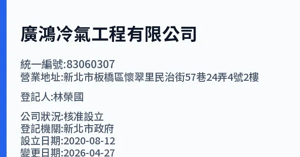廣鴻冷氣工程有限公司的照片-統編 83060307(新北市) 公司登記資料與營業項目詳細圖表