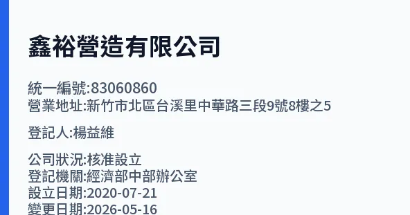 鑫裕營造有限公司的照片-統編 83060860(新竹市) 公司登記資料與營業項目詳細圖表