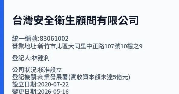 台灣安全衛生顧問有限公司的照片-統編 83061002(新竹市) 公司登記資料與營業項目詳細圖表